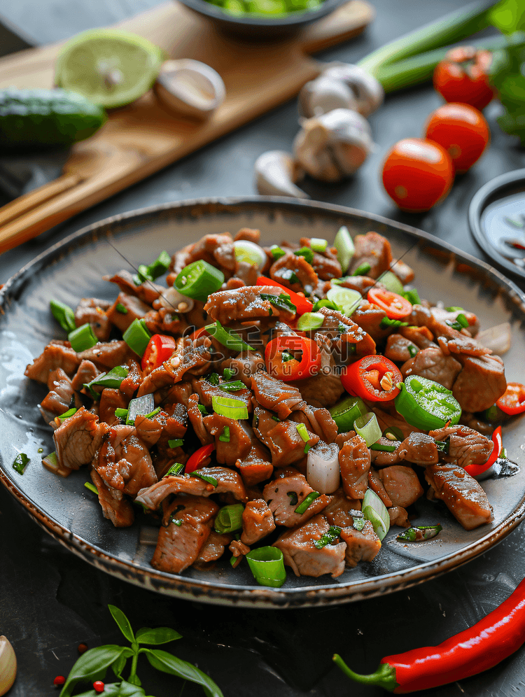 甜猪肉配切碎的葱、辣椒、酸橙、黄瓜、番茄和大蒜高清摄影大图-千库网