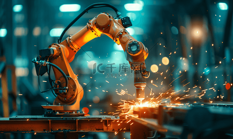 自动化焊接机械程序工业机器人手臂在工厂中活跃高清摄影大图-千库网