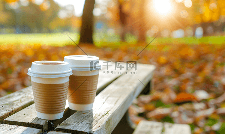 公园木凳上带走两杯咖啡高清摄影大图-千库网