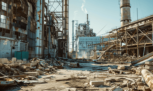 一座污染严重的工业工厂的废墟高清摄影大图-千库网