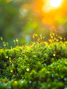 美丽日落背景下的天然背景纹理苔藓与水滴高清摄影大图-千库网