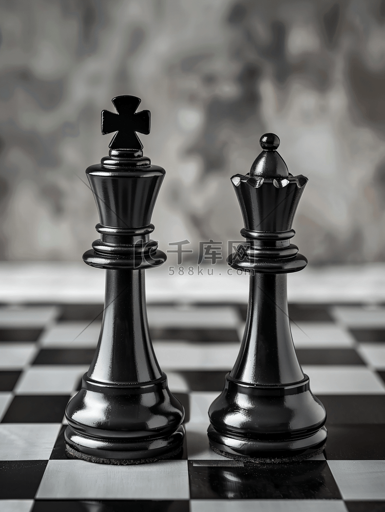 国际象棋棋盘上的黑王和王后高清摄影大图-千库网