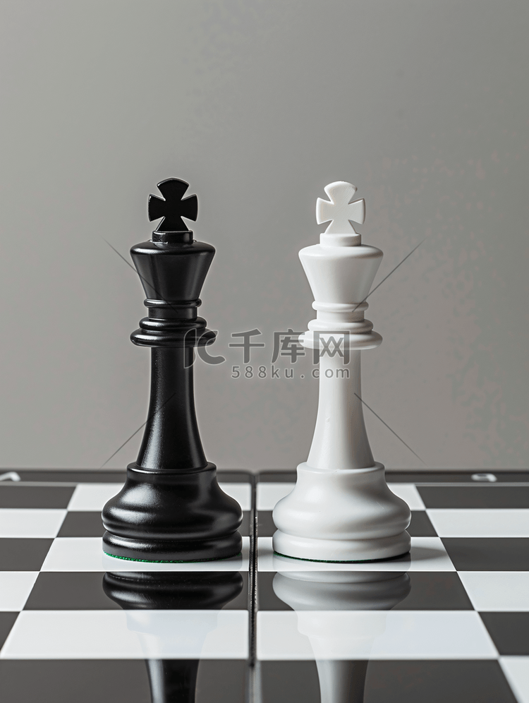 国际象棋棋盘上的黑王和白王后高清摄影大图-千库网