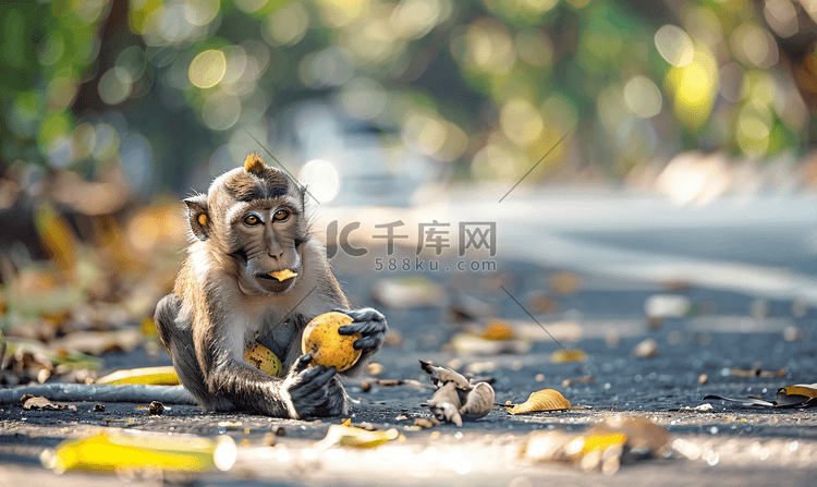 一只猴子在路边吃水果高清摄影大图-千库网