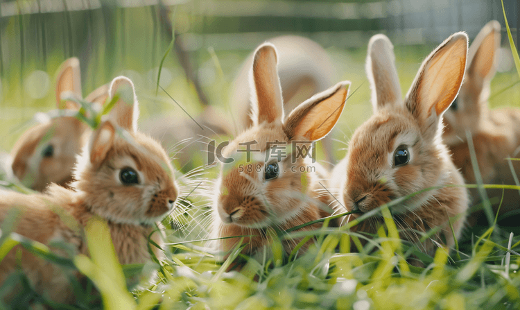 一群兔子在笼子里的地板上吃草高清摄影大图-千库网