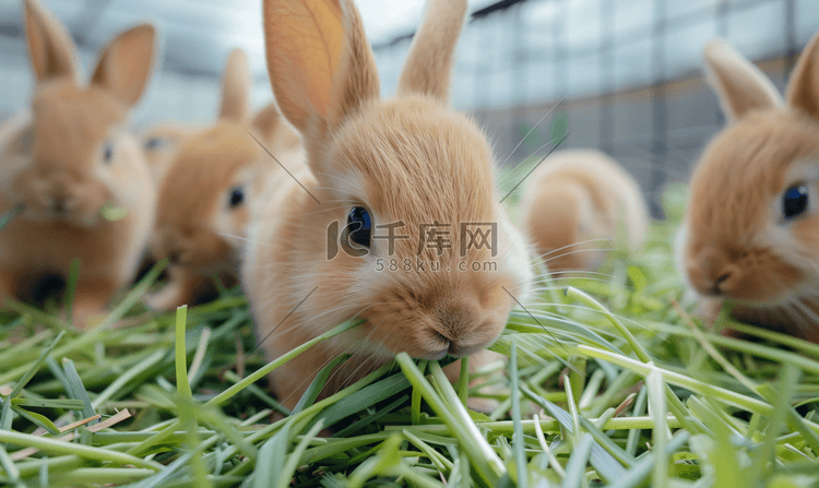 一群兔子在笼子里的地板上吃草高清摄影大图-千库网