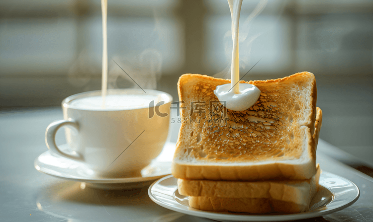 咖啡杯和倒入牛奶的吐司高清摄影大图-千库网