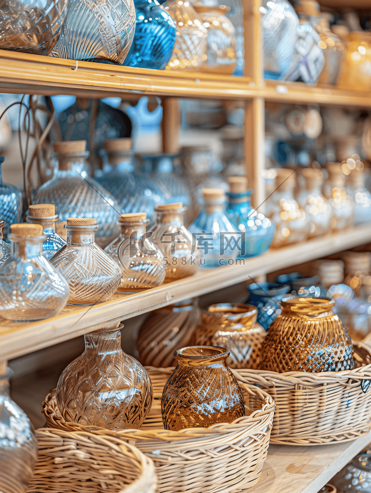 纪念品店前的草篮里特写的玻璃制品高清摄影大图-千库网