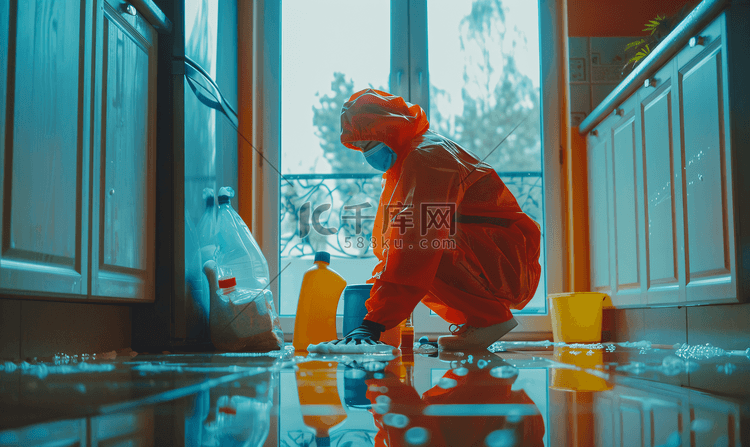 房屋内部地板上配有红色雨衣清洁用品的清洁工高清摄影大图-千库网