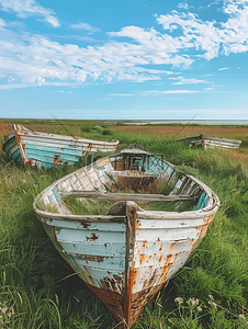 草地上腐烂的空渔船高清摄影大图-千库网