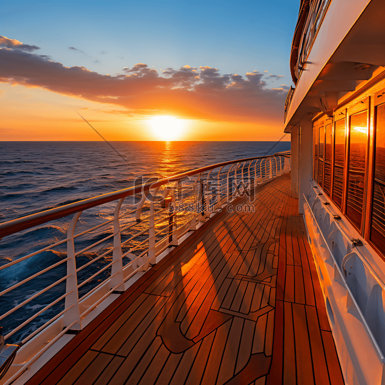 从豪华游轮的露天甲板上看日落高清摄影大图-千库网