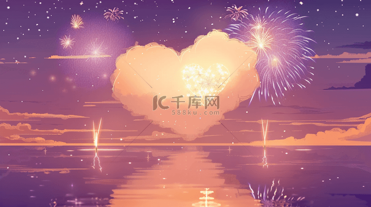 唯美梦幻七夕夜空里的烟花爱心背景图片免费下载-千库网