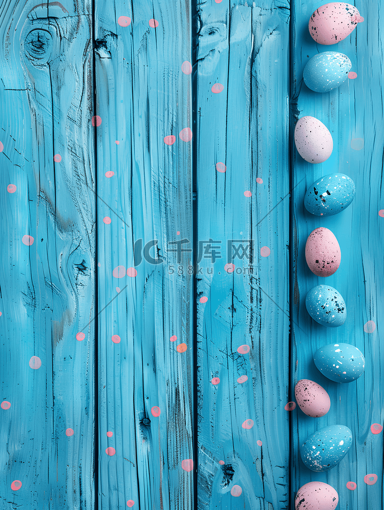 蓝色木质纹理背景上的扁平复活节彩蛋高清摄影大图-千库网
