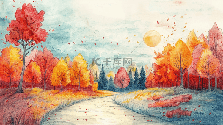 水彩风秋天秋日树林风景秋景秋天风景背景图片免费下载-千库网