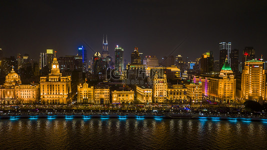 上海外滩万国建筑群夜晚航拍高清摄影大图-千库网