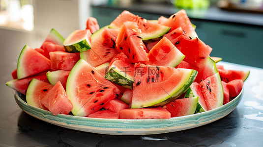 西瓜盘子立体描绘摄影照片简约高清摄影大图-千库网