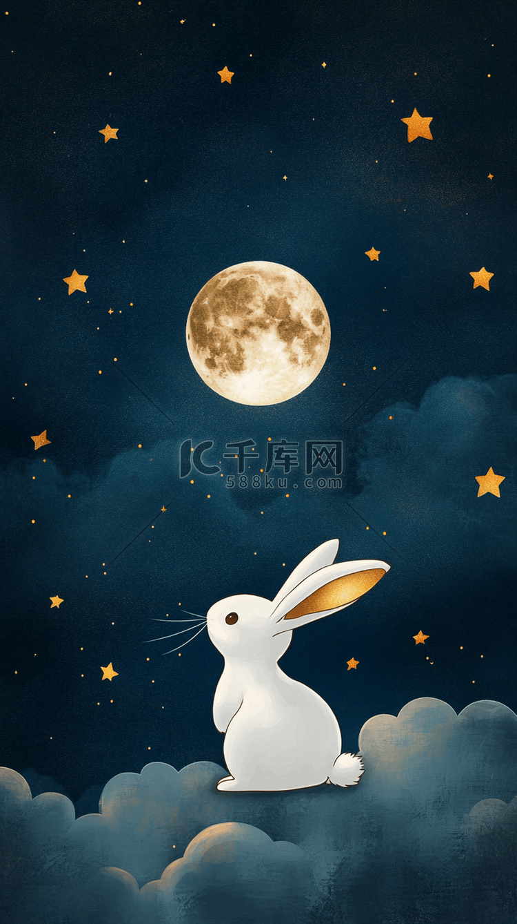 卡通秋佳节圆月明月和玉兔蓝色背景图片免费下载-千库网