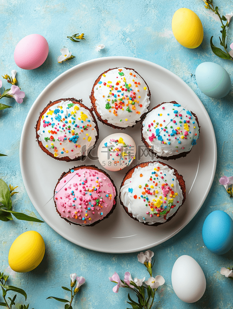 带纹理的背景上的复活节蛋糕和彩蛋的顶部视图高清摄影大图-千库网