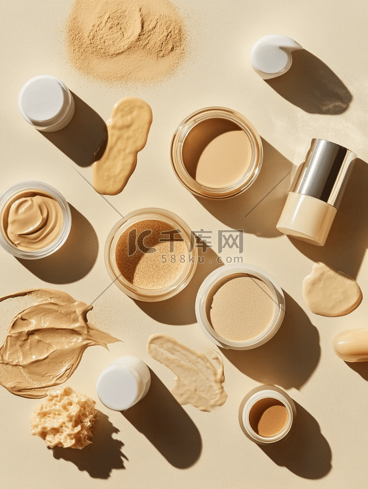 米色背景顶视图复制空间上几种化妆品的纹理高清摄影大图-千库网