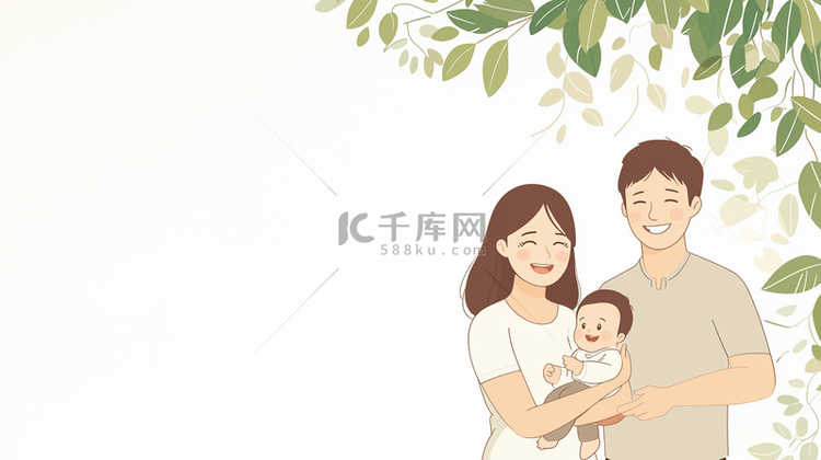 手绘温馨卡通三口之家背景图片免费下载-千库网