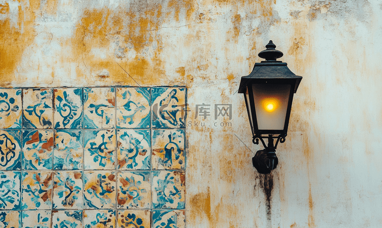 旧建筑纹理墙上壁灯下方的彩绘瓷砖高清摄影大图-千库网