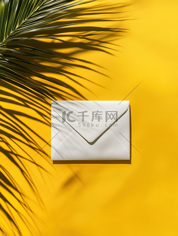 在黄色桌子背景上用两张纹理白纸在信封上种植阴影高清摄影大图-千库网