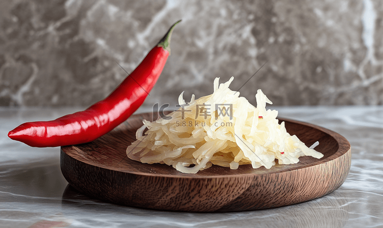 大理石桌上的木盘上的酸菜和罐头辣椒高清摄影大图-千库网