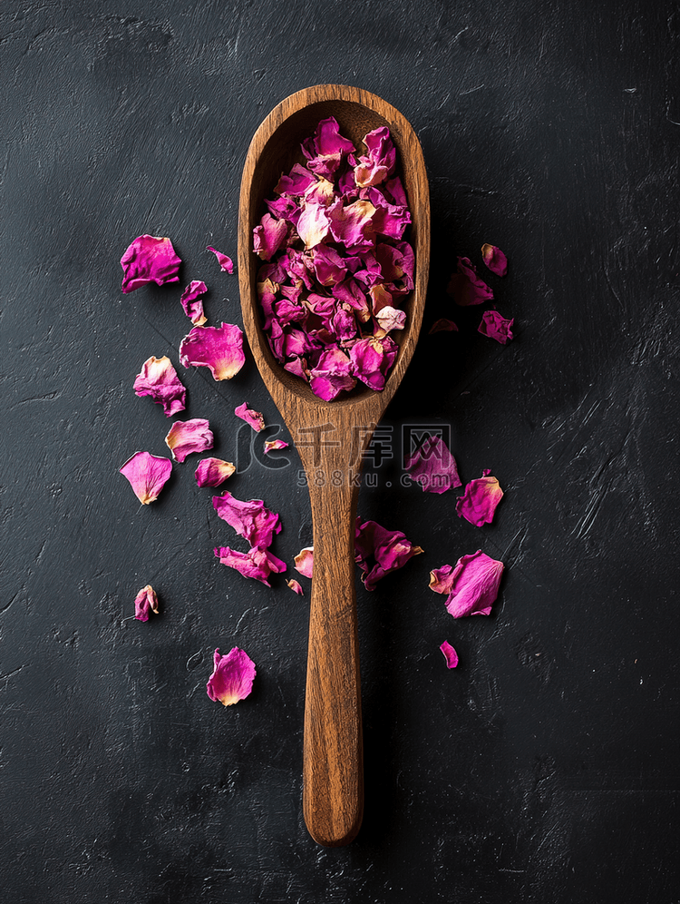黑色纹理表面上有干粉红玫瑰花瓣的木勺高清摄影大图-千库网
