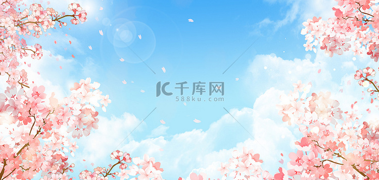 樱花氛围蓝天白云蓝色唯美清新背景图片免费下载-千库网
