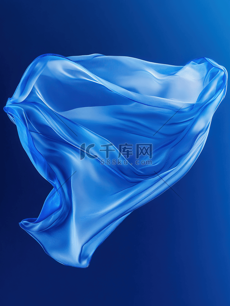 光滑优雅透明蓝色布料在深蓝色工作室背景纹理上分离或分离的飞丝织物高清摄影大图-千库网