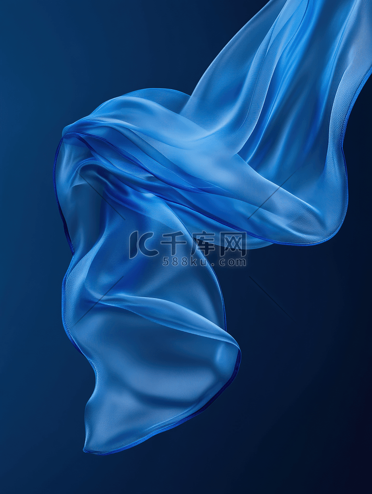 光滑优雅透明蓝色布料在深蓝色工作室背景纹理上分离或分离的飞丝织物高清摄影大图-千库网