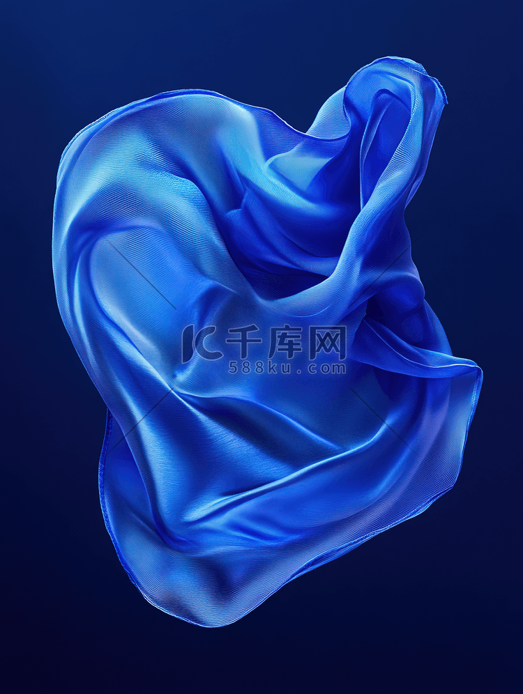 光滑优雅透明蓝色布料在深蓝色工作室背景纹理上分离或分离的飞丝织物高清摄影大图-千库网