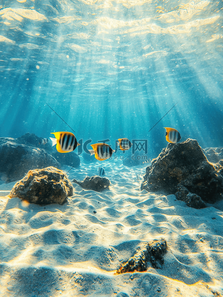 阳光明媚的海底沙石创辉鱼的水模糊海底纹理高清摄影大图-千库网
