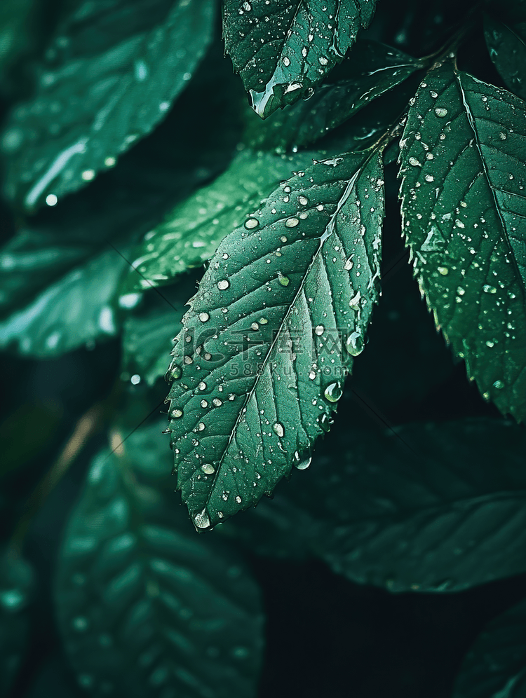 深绿色热带树叶与雨水滴在纹理抽象图案自然背景上高清摄影大图-千库网
