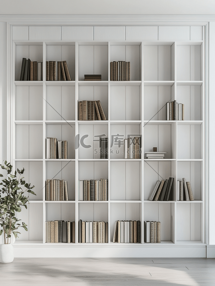 办公室或家庭办公室书柜概念带装饰性白墙3D渲染背景图片免费下载-千库网