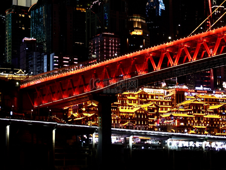 重庆千厮门大桥洪崖洞夜景高清摄影大图-千库网