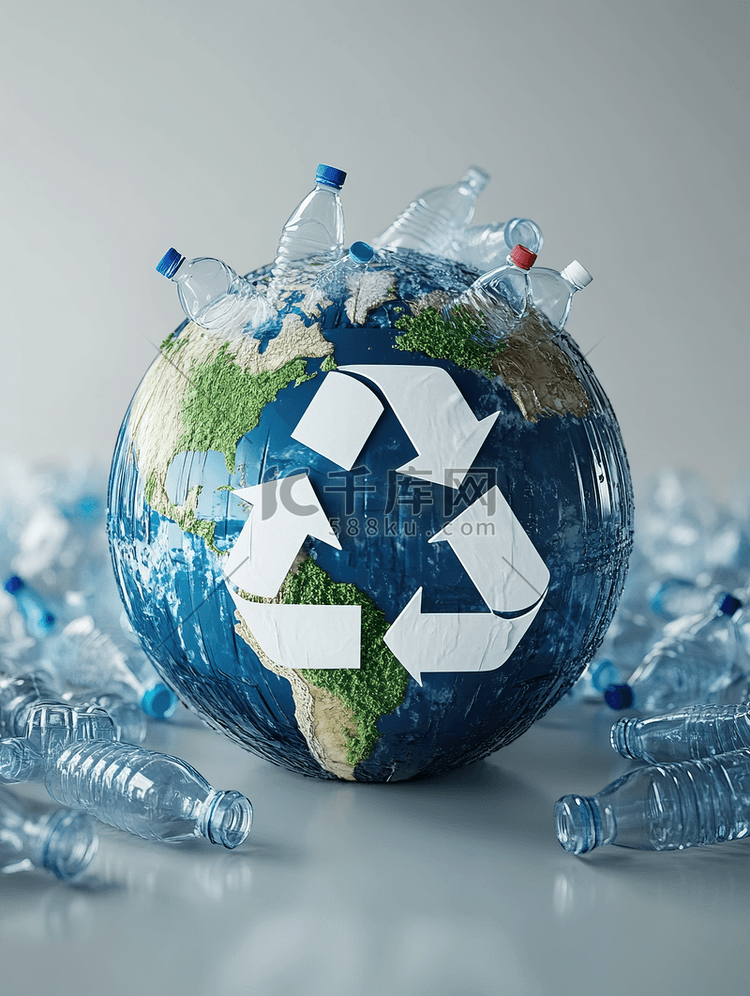 地球仪与空塑料瓶和回收符号全球塑料污染概念3d渲染背景图片免费下载-千库网