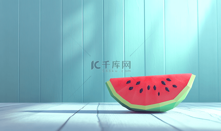 低聚卡通风格西瓜3D渲染蓝色木质背景图片免费下载-千库网