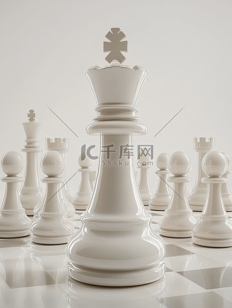 国际象棋国王站在3D插图中的各种白色棋子之间背景图片免费下载-千库网