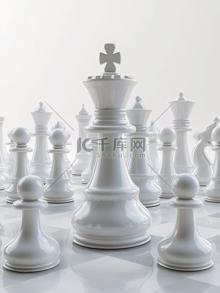 国际象棋国王站在3D插图中的各种白色棋子之间背景图片免费下载-千库网