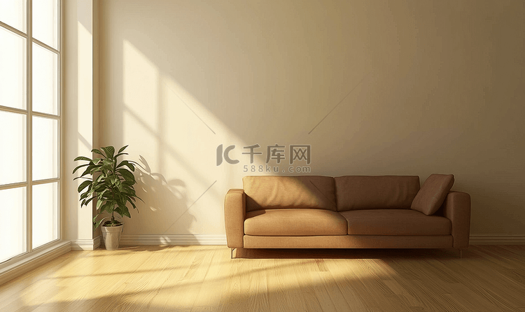干净简约的房间配有棕色沙发木地板和植物3D渲染背景图片免费下载-千库网