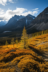 班夫公园马鞍峰山口落叶松灯光高清摄影大图-千库网