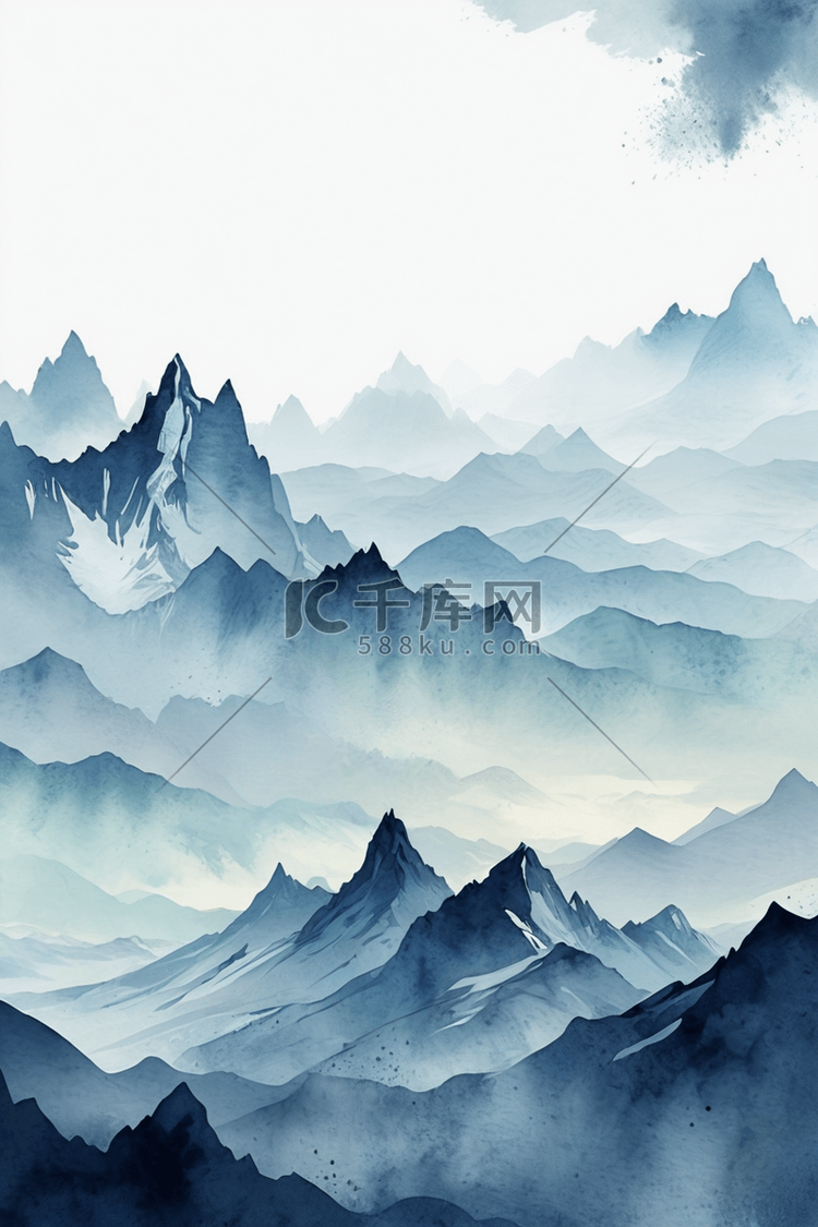 数码水彩冷色调山脉抽象形海报背景高清摄影大图-千库网