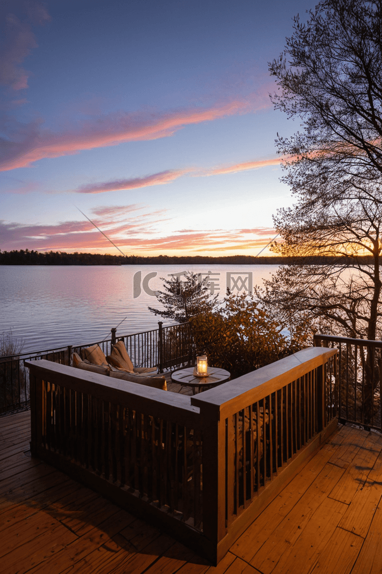 露台看日落湖图片高清摄影大图-千库网
