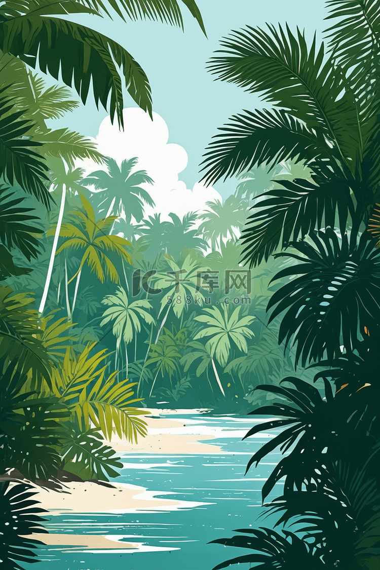 热带丛林场景与棕榈树的图插图高清摄影大图-千库网