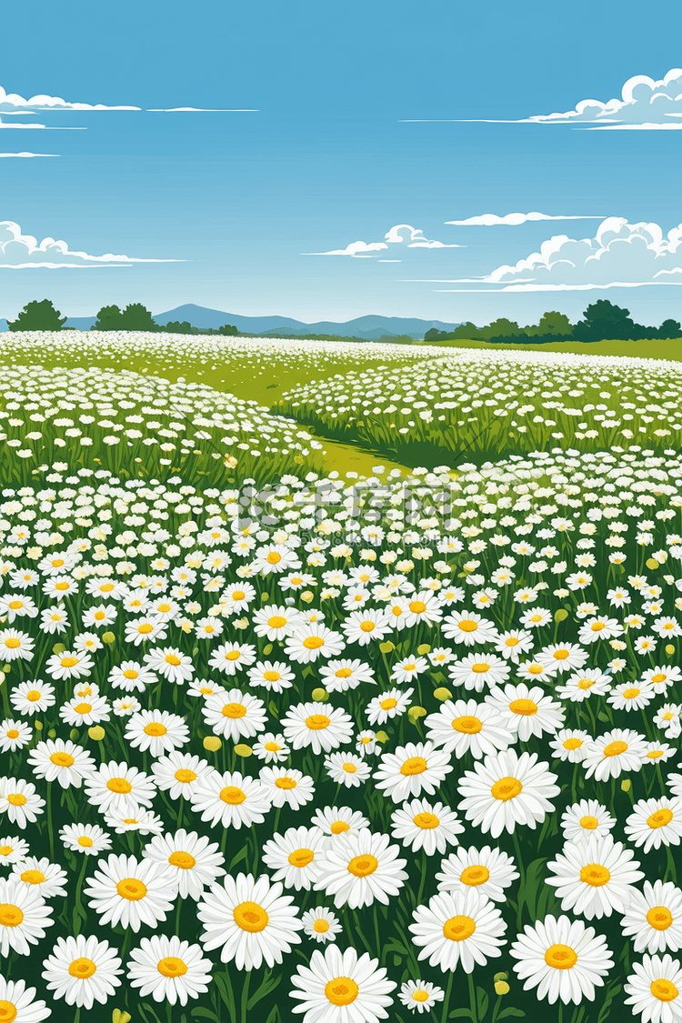 一雏菊田中间有一条小路高清摄影大图-千库网