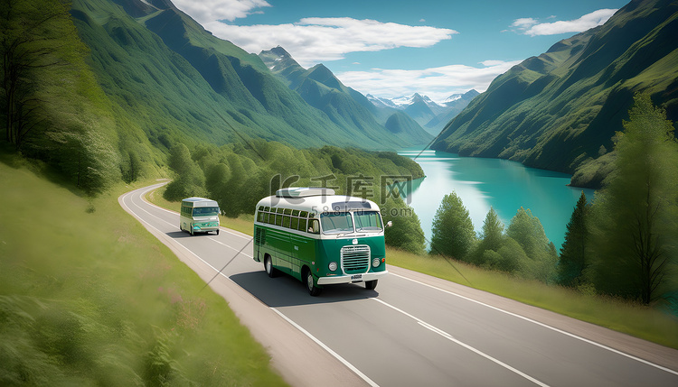 沿着风景如画的自然道路行驶的旅游巴士的风景之旅1高清摄影大图-千库网