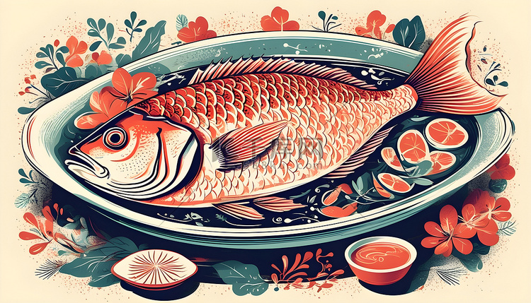 在美味的鱼粉晚餐的生动动画中描绘的传统日本料理2高清摄影大图-千库网