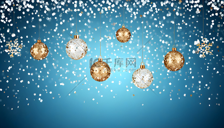 闪闪发光的玻璃圣诞饰品悬挂在装饰着精致雪花的2高清摄影大图-千库网