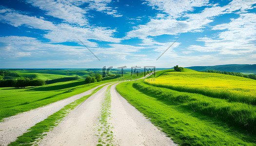 风景如画的乡村道路两旁排列着充满活力的黄色油高清摄影大图-千库网